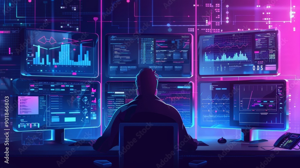 DevOps Engineer Managing CI/CD Pipeline in High-Tech Workspace with Multiple Monitoring ...