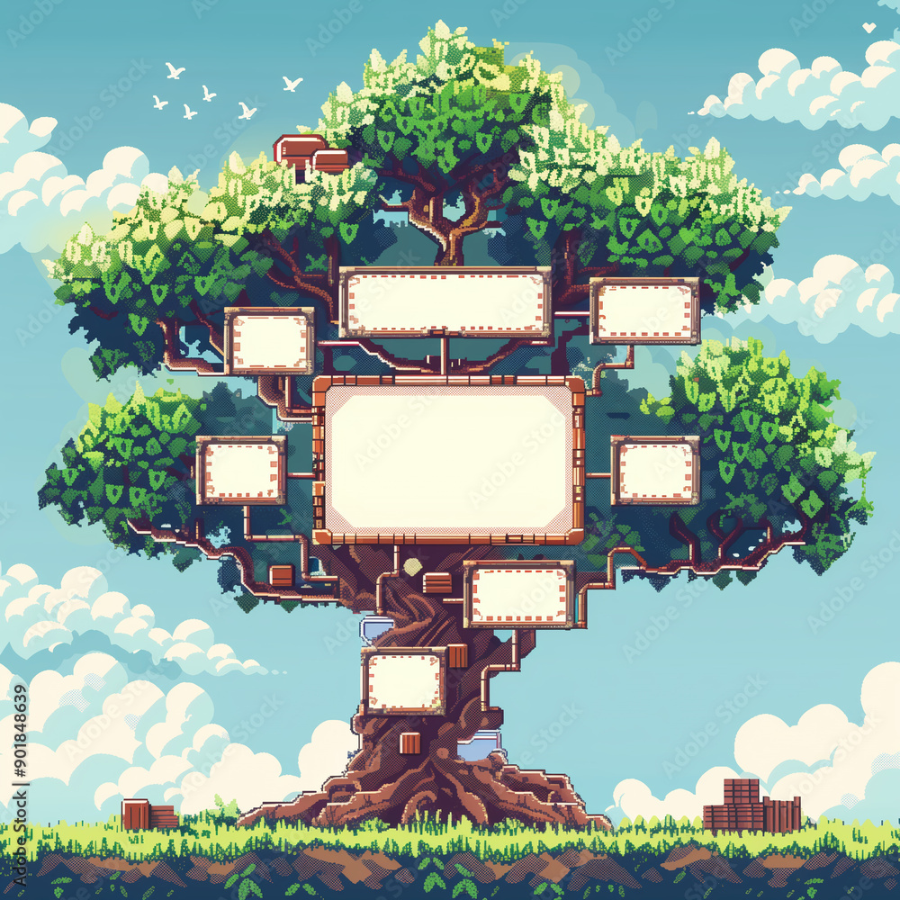 A pixel art family tree template with empty cells for user input, 8-bit ...