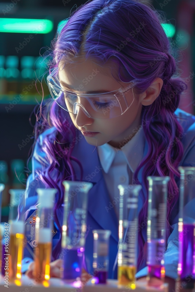 Violet Haired Schoolgirl Conducting Science Experiment with Test Tubes ...