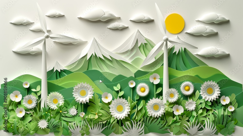 Eco-Friendly ESG Concept with Paper Art Collage Featuring Wind Turbines ...