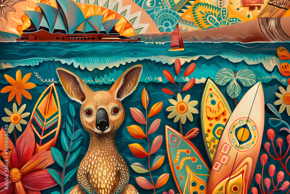 artwork featuring symbols of Australia. Include elements like a ...
