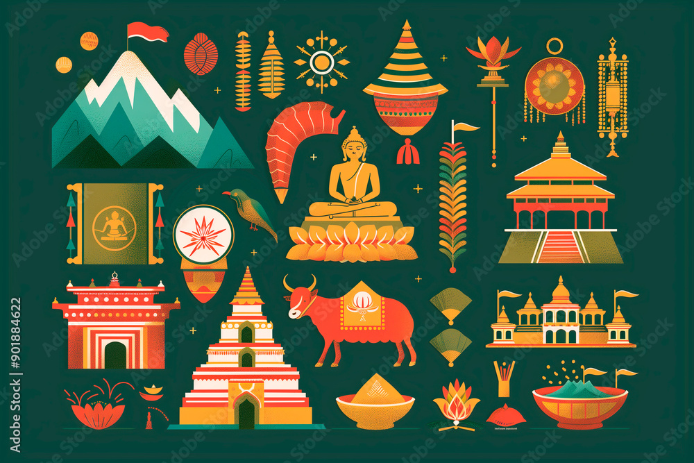 symbols that represent Nepal. Include items like Mount Everest, a ...