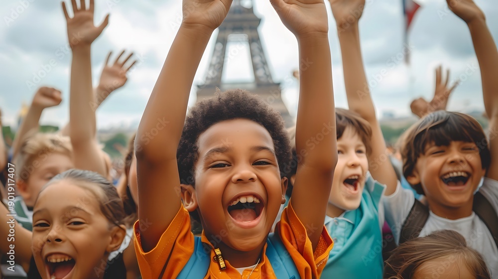Joyful children waving flags and wearing team colors, watching an ...