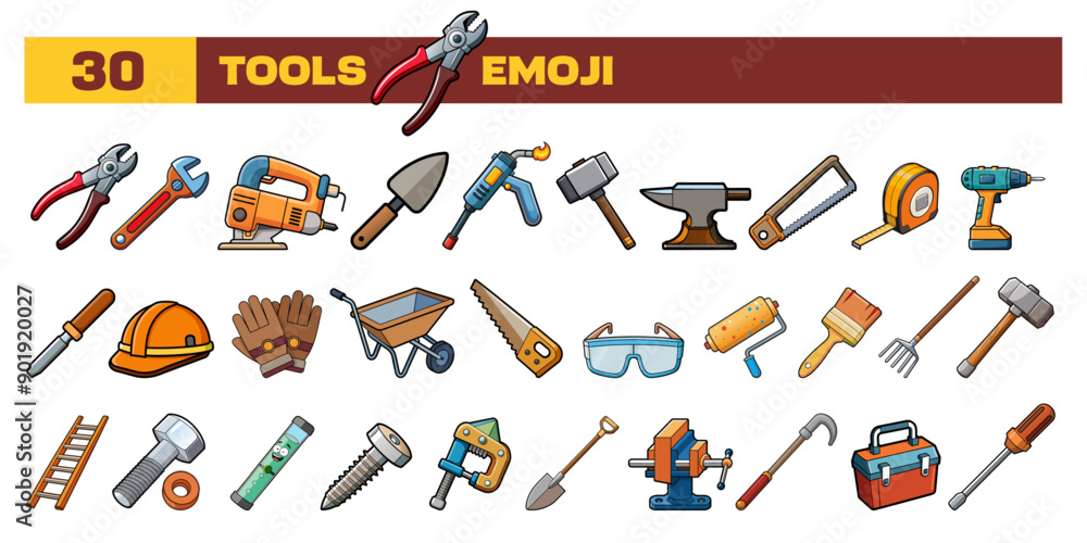 Set of vector Tools emoji, clipart, or icon. Cartoon style different ...