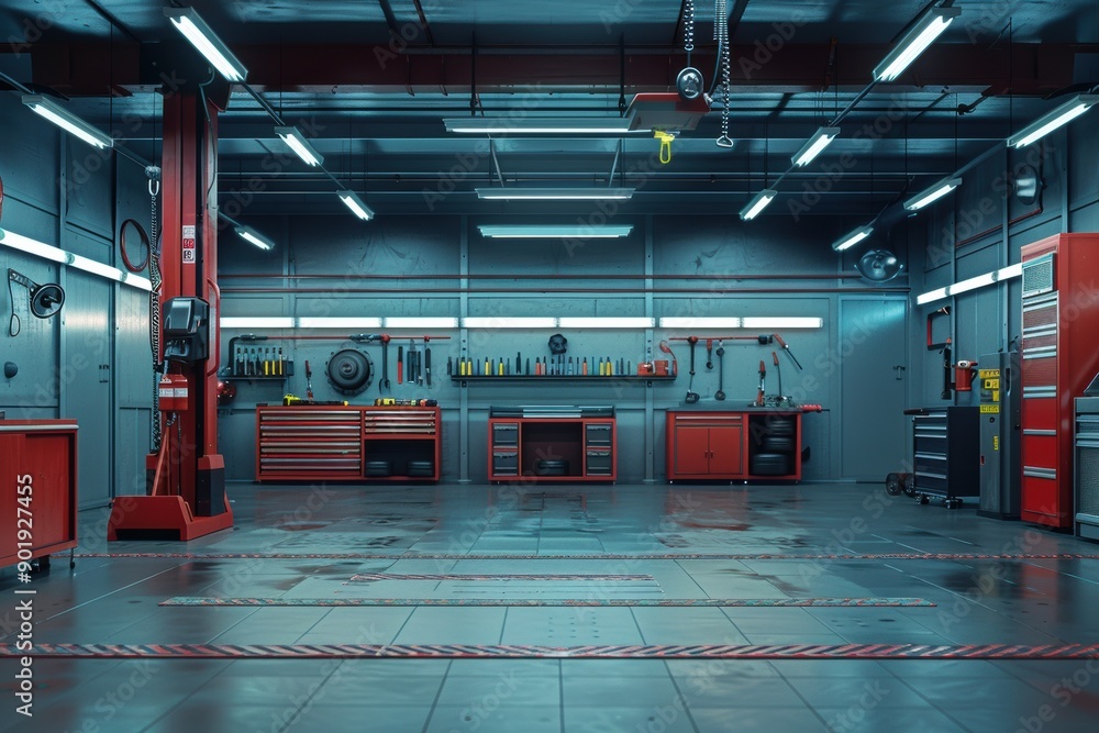 Foto de Stock Modern auto repair shop interior with empty car lift ...