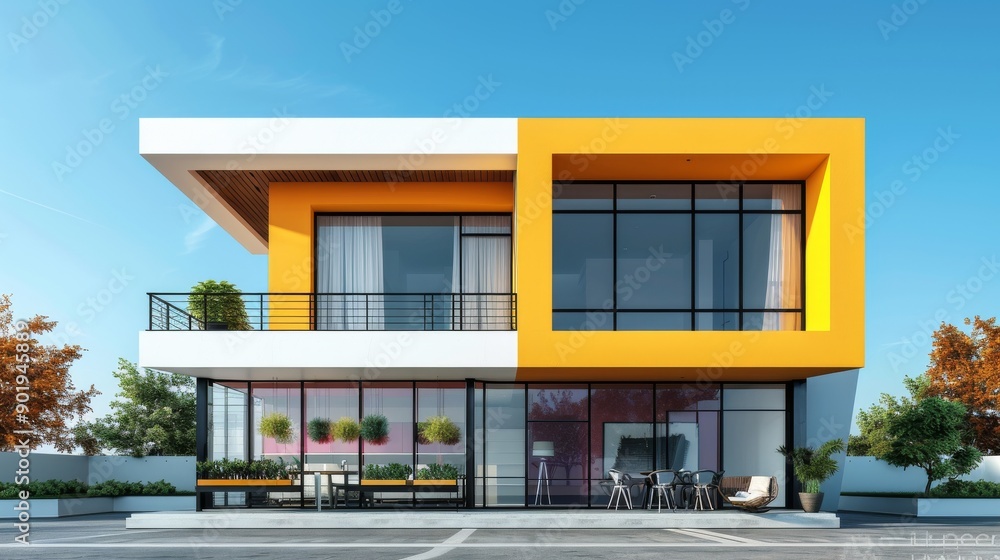 Modern two-story house with minimalist design and yellow accents in a ...