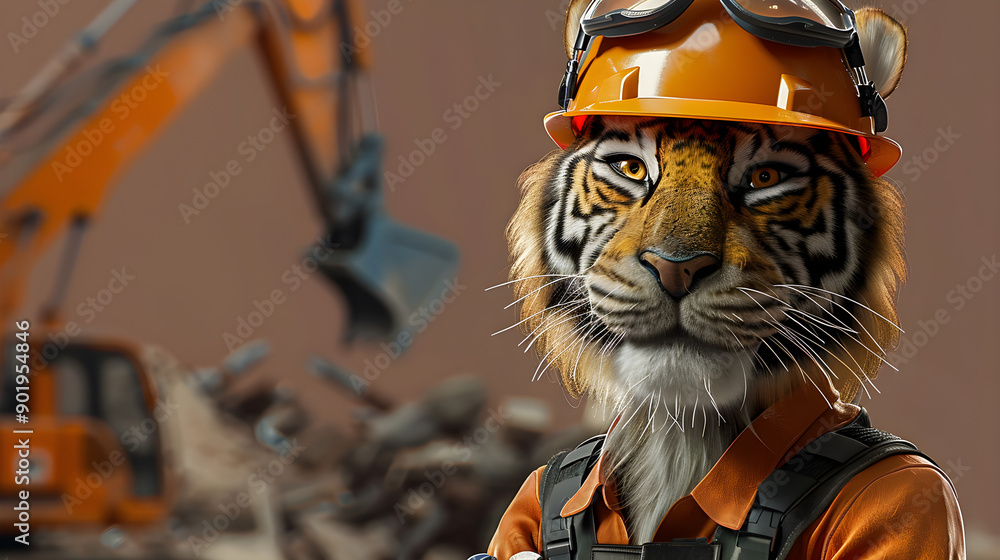 construction tiger, hard hat, safety gear, excavator, construction site ...