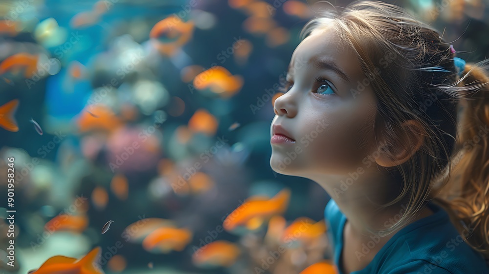 Kindergartener exploring an aquarium watching fish swim and learning ...