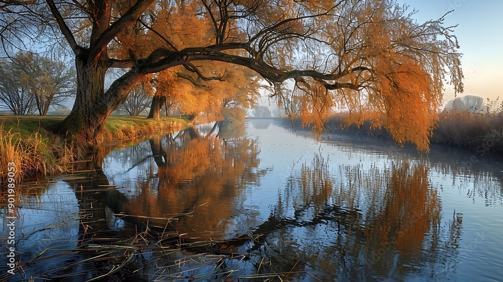 Riverside with graceful Willow Trees Salix babylonica drooping over the ...