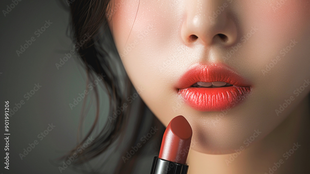 Close-up of the mouth of a young Japanese woman with painted lips ...