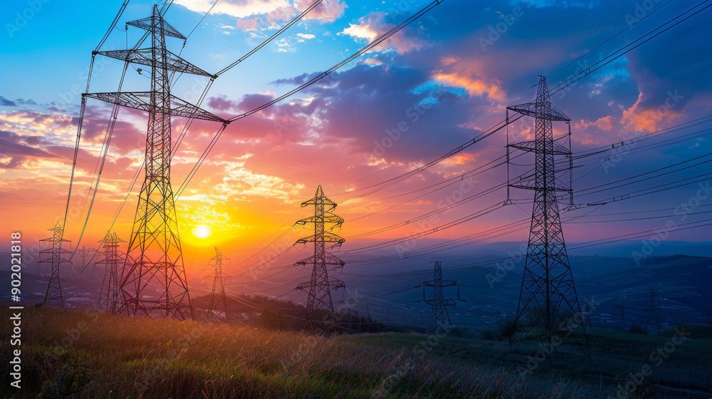 Electricity pylons standing tall against a colorful sunset sky ...
