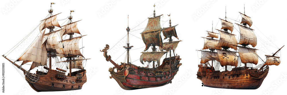 Set of pirate ship with an ornate figurehead and detailed hull isolated ...