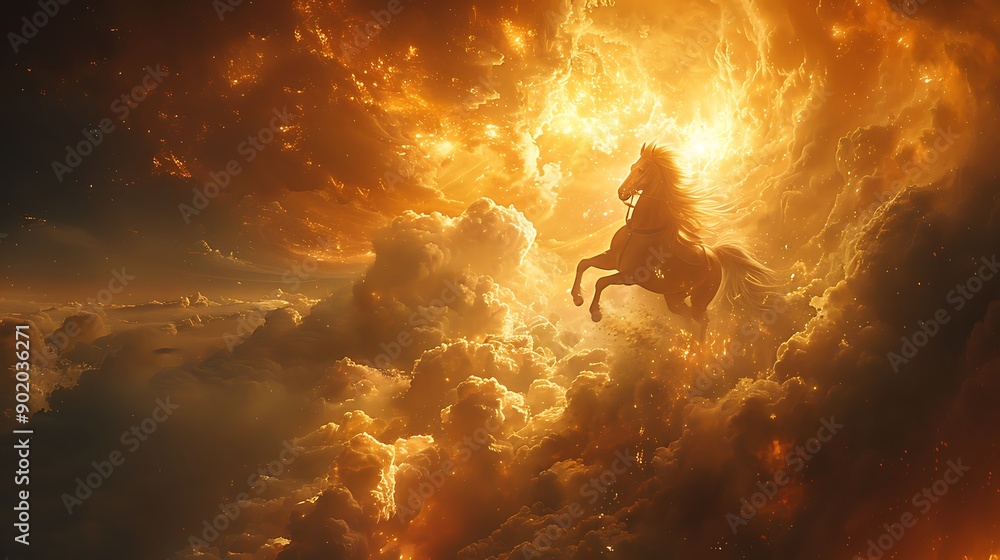 Ethereal portrayal of the mythological Greek god Apollo driving his ...