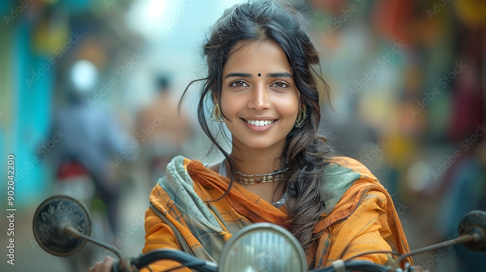 Indian woman on a bicycle ride through the bustling streets of Chennai ...