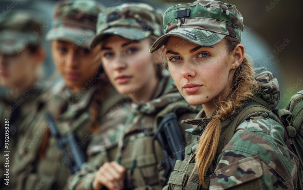 A group of young female British army soldiers participates in training ...