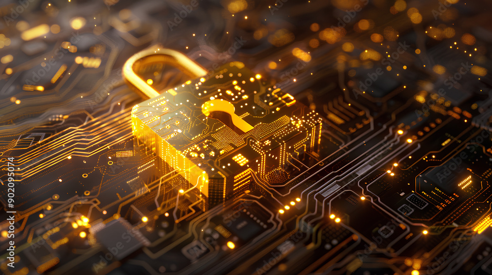 Golden padlock with integrated electronic circuits, password security ...