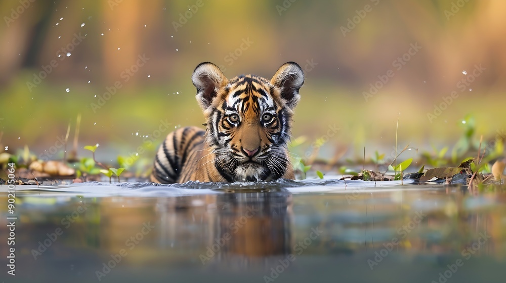 Bengal tiger cub is posing with half of his body in the lake ...