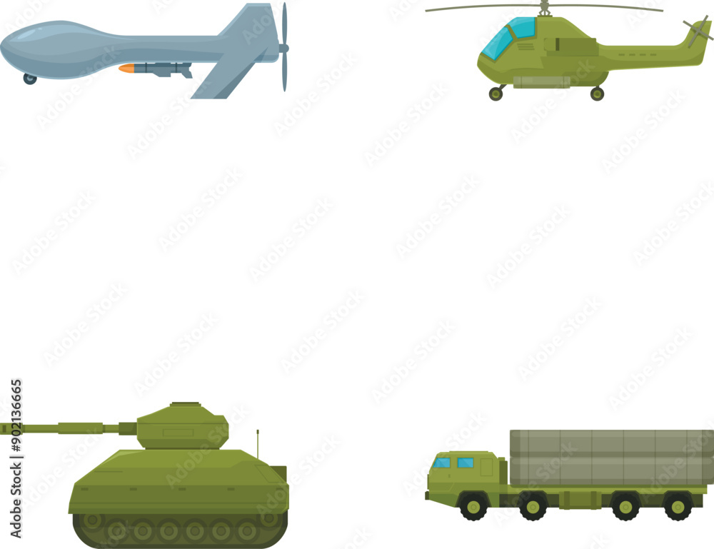 Modern military vehicle icons set featuring helicopters, tanks, trucks ...