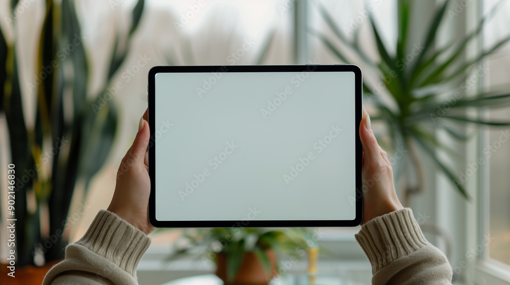 woman holding black tablet iPad Pro horizontal with white blank screen ...