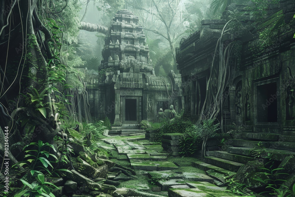 Jungle ruin entangled in vines and roots, with ancient stone pathways ...