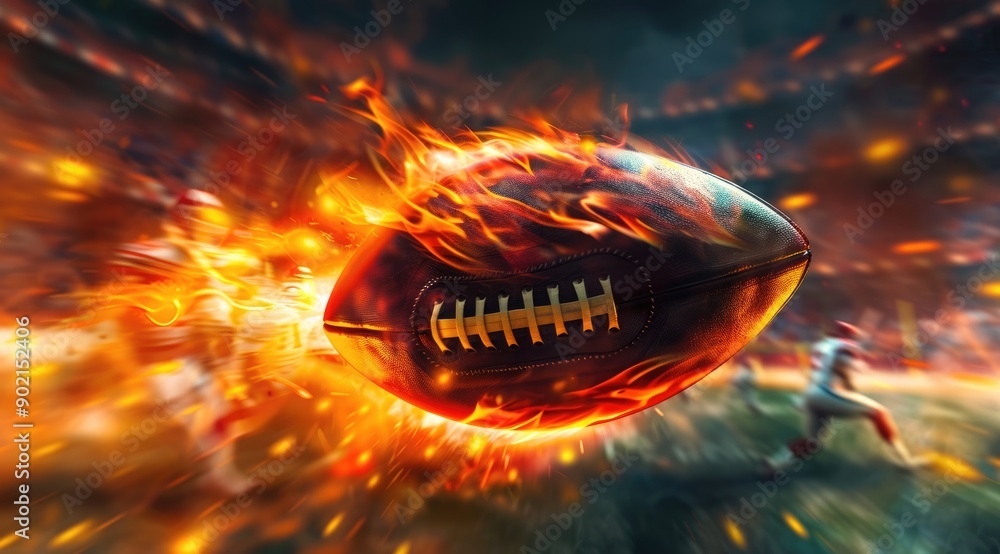 Dynamic scene: a football on fire flying through air with players in ...