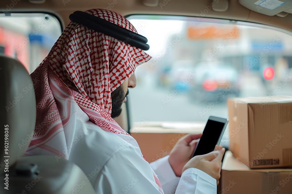 Saudi Gulf Arab man wearing a traditional white thobe and red shemagh ...