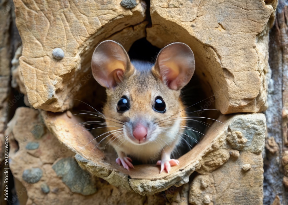 A timid mouse cautiously ventures out of its hole in the worn, cracked ...