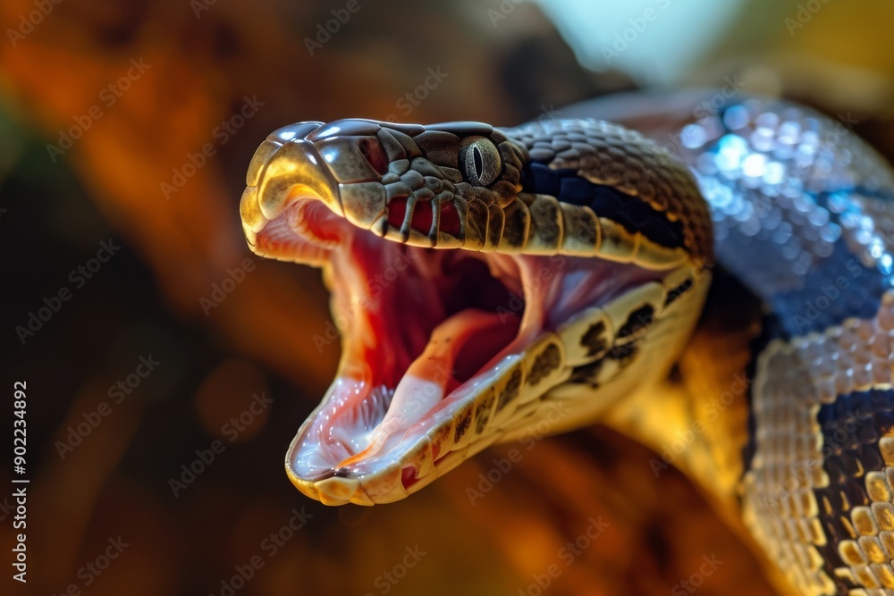 A close-up shot of a large snake with its mouth wide open, revealing ...