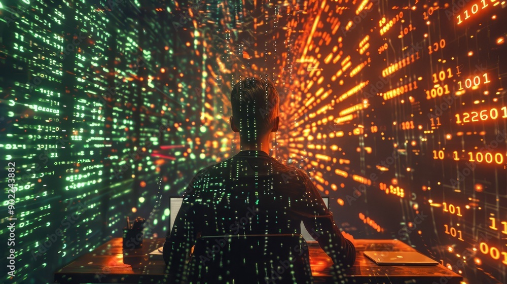 Back View of Hacker Programming in Dimly Lit Room with Digital Code and ...