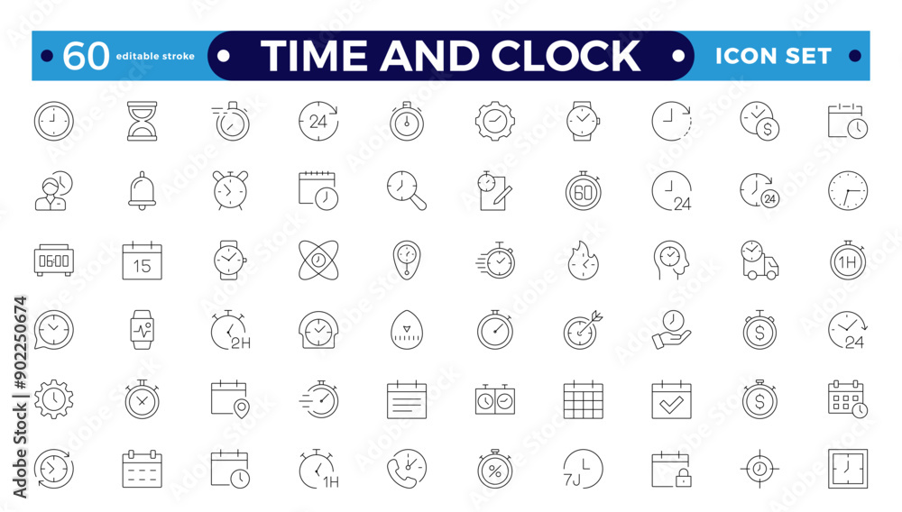 Time icon set. Timer, alarm, schedule, hourglass, clock icons. Outline time and clock icon ...