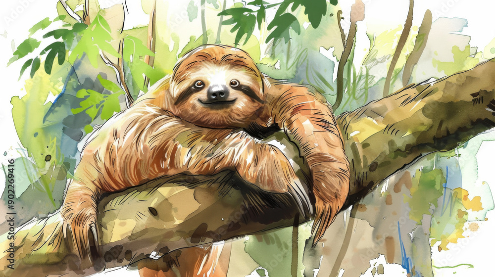 Illustrated sloth lounging on a tree branch in a vibrant, green jungle ...