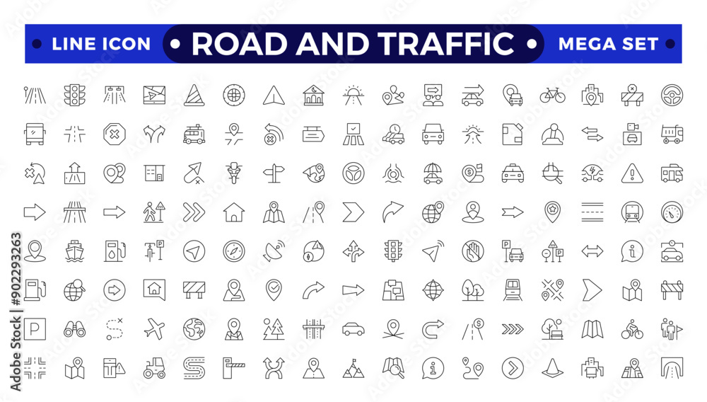 Road and traffic signs outline icon. Collection of warning, mandatory ...