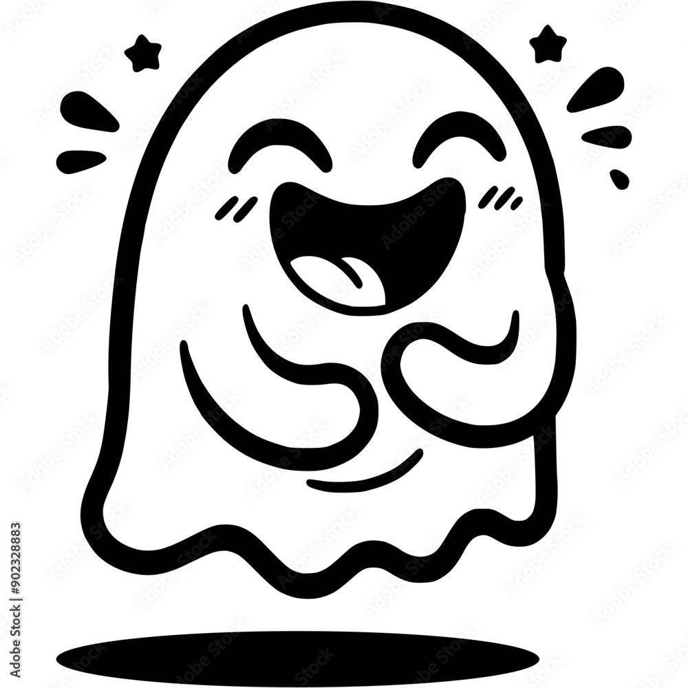 Halloween ghost laughs happily and holds his hands to his stomach in ...