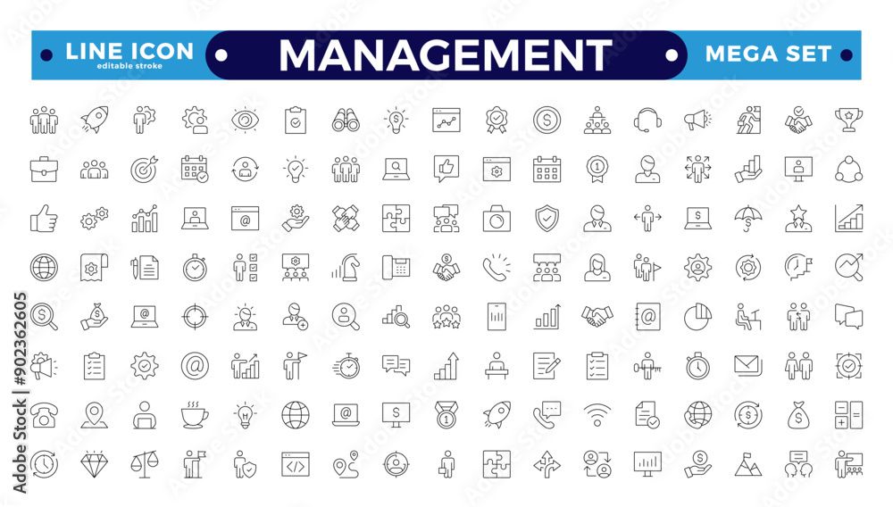 Outline icons related to management, administration, supervision ...