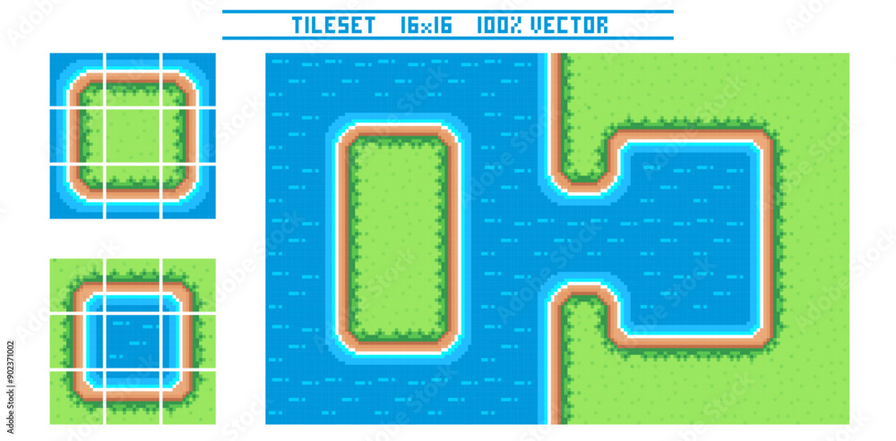 Pixel art tile set for 2d top-down retro game. A set of water tiles ...
