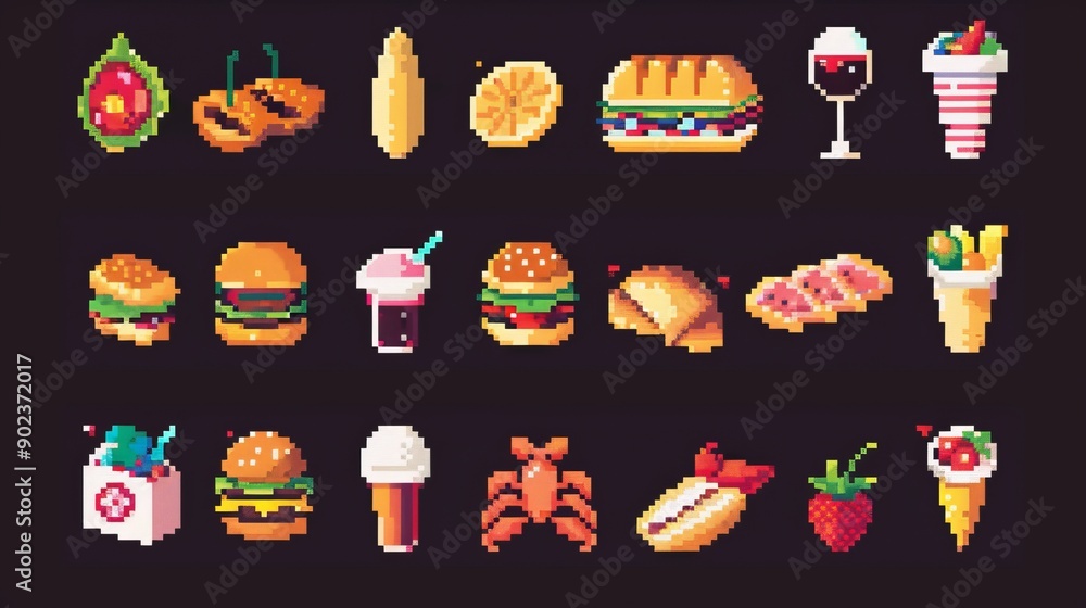 Food pixel art 80s style icons element design stickers, logo, menu ...