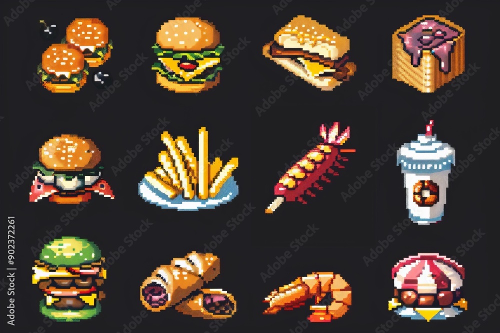 Food pixel art 80s style icons element design stickers, logo, menu ...
