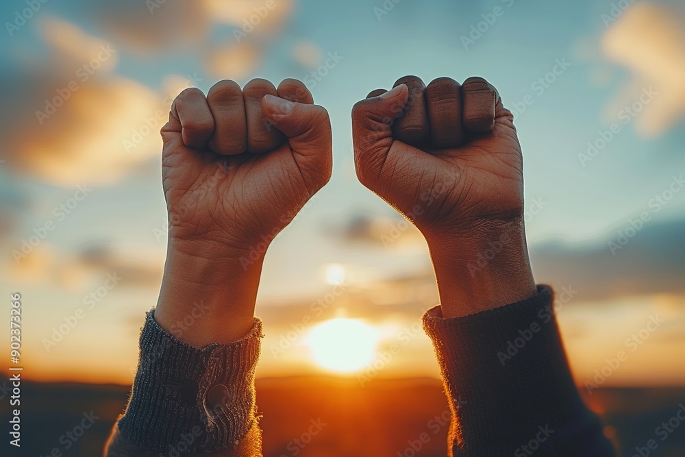 two fists raised as a symbol of strength, behind a beautiful sunrise ...