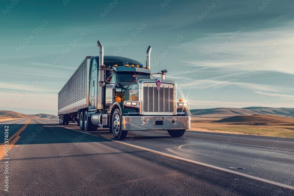 Iconic American semi-truck transporting goods on a wide interstate ...