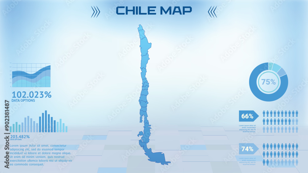 Blue Chile Map with States, Political Chile infographic map vector ...