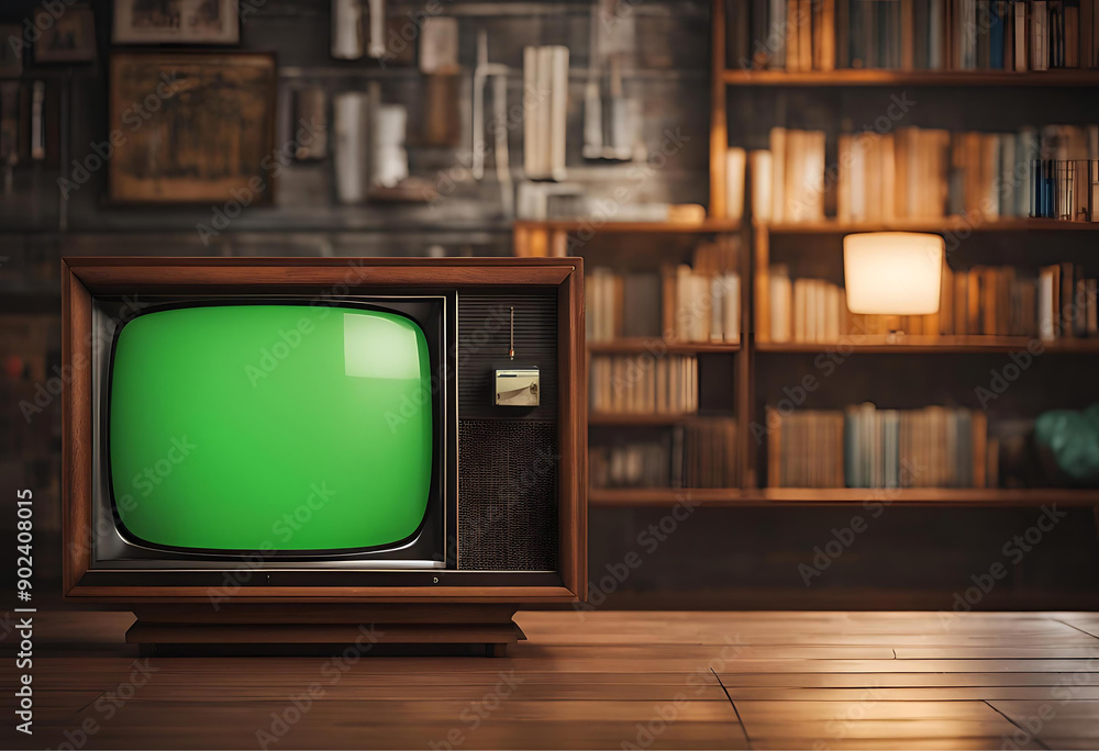 Green Screen Old TV. Vintage television with a wooden wall in the ...