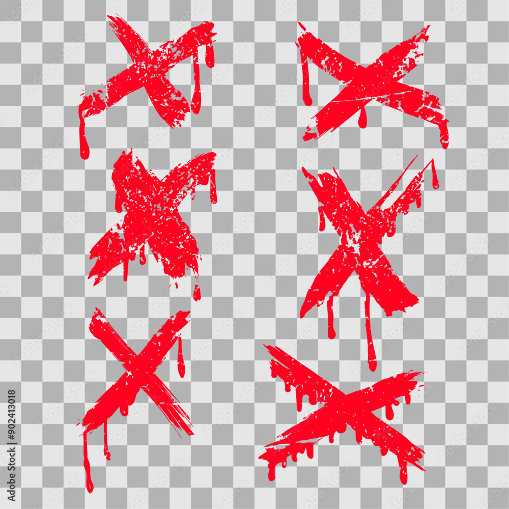 Collection of grunge graphics. X red sign. Hand crossed brush strokes ...