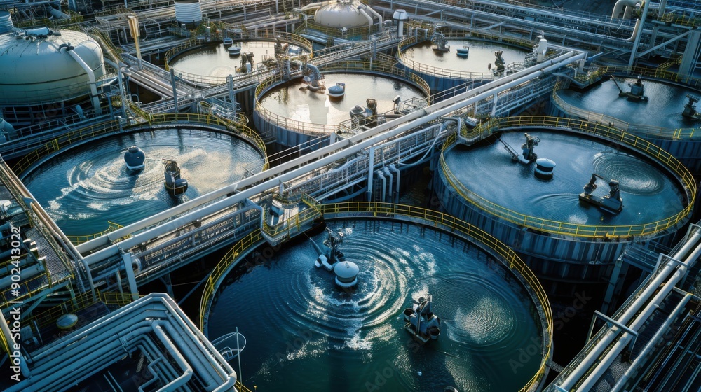 Aerial view of modern wastewater treatment plant with circular tanks ...
