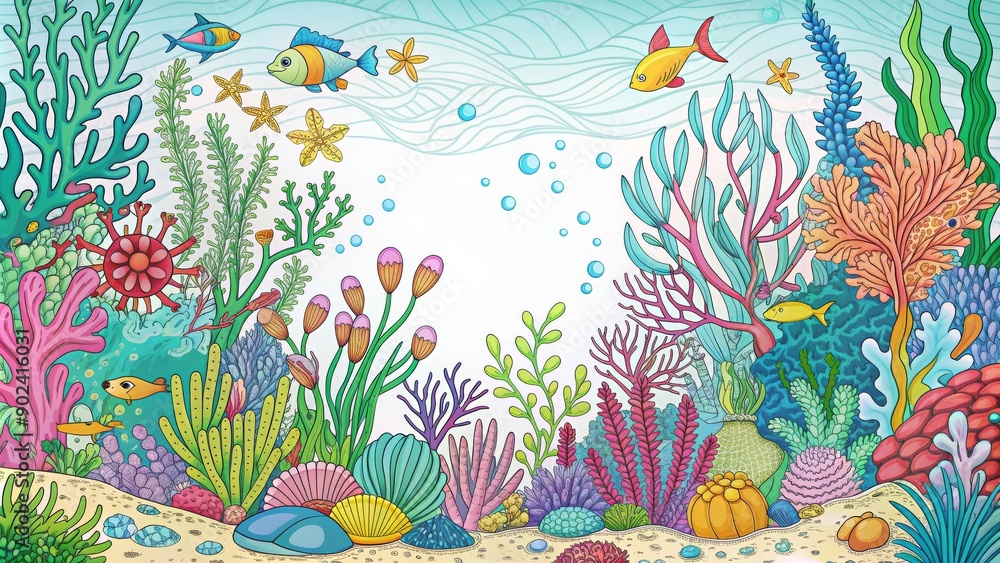 Marine-themed coloring page featuring sea creatures and underwater ...