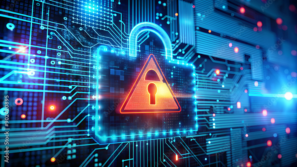 Cybersecurity concept with open padlock and warning sign on a blue and ...