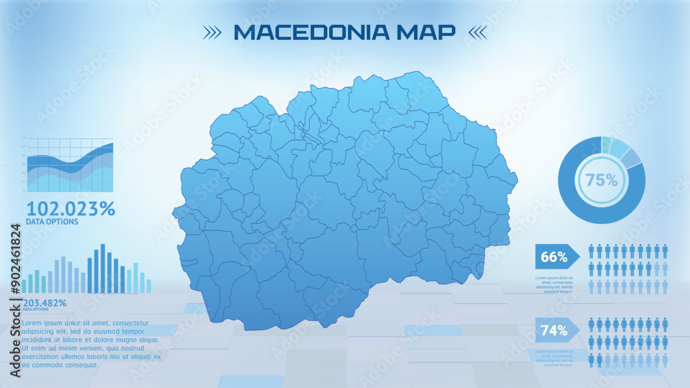 Blue Macedonia Map with States, Political Macedonia infographic map ...