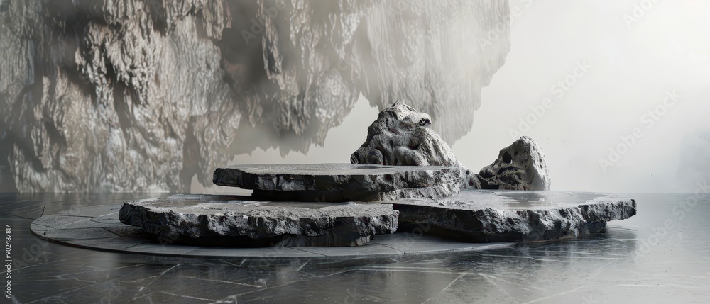 Podium with volcanic ash and pumice stones, geothermal theme, natural and dramatic presentation ...