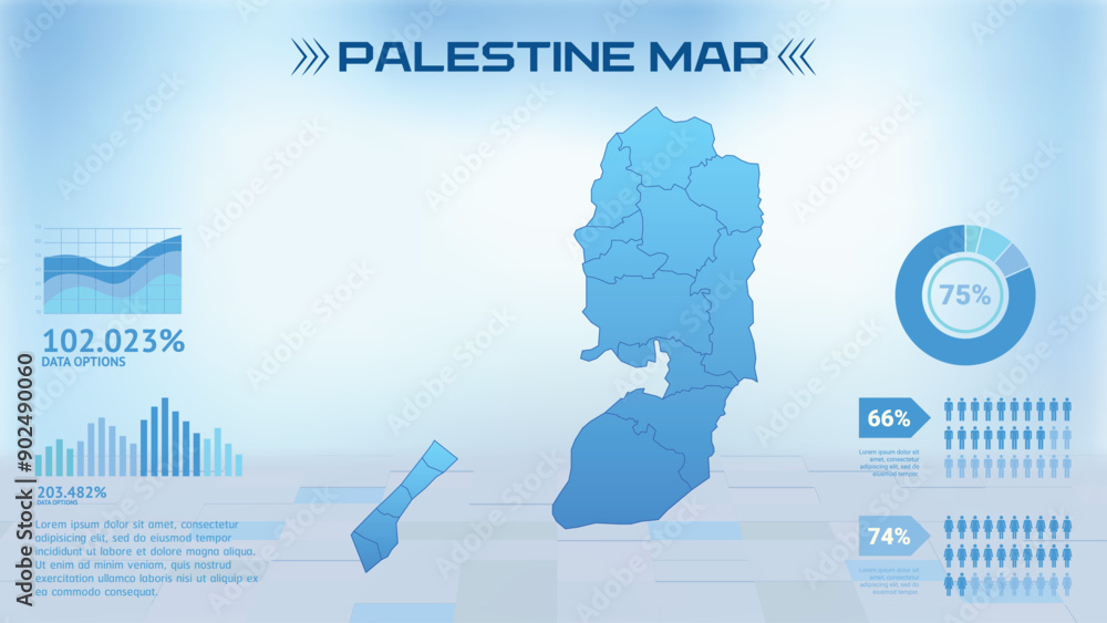 Blue Palestine Map with States, Political Palestine infographic map ...