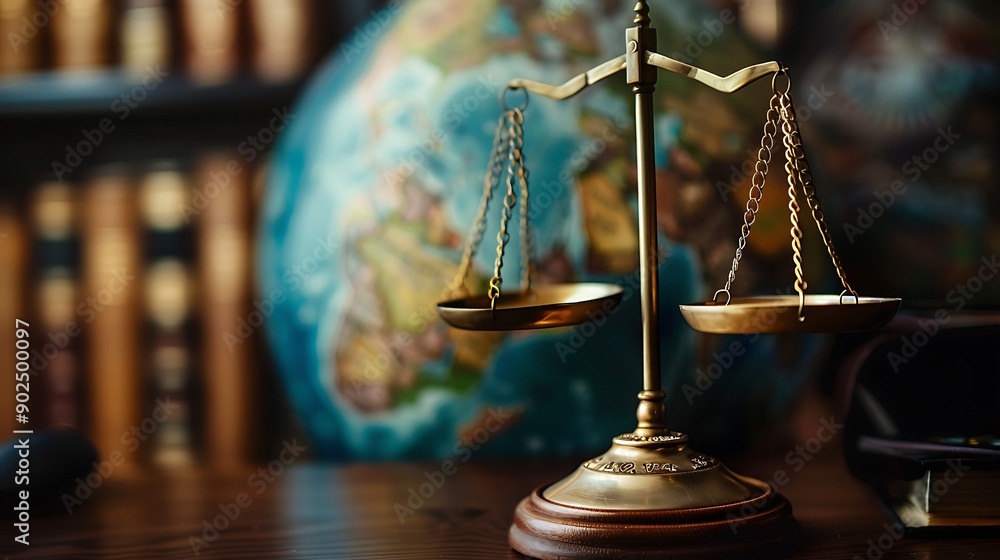 Golden scales of justice with a blurred background of a globe and a ...