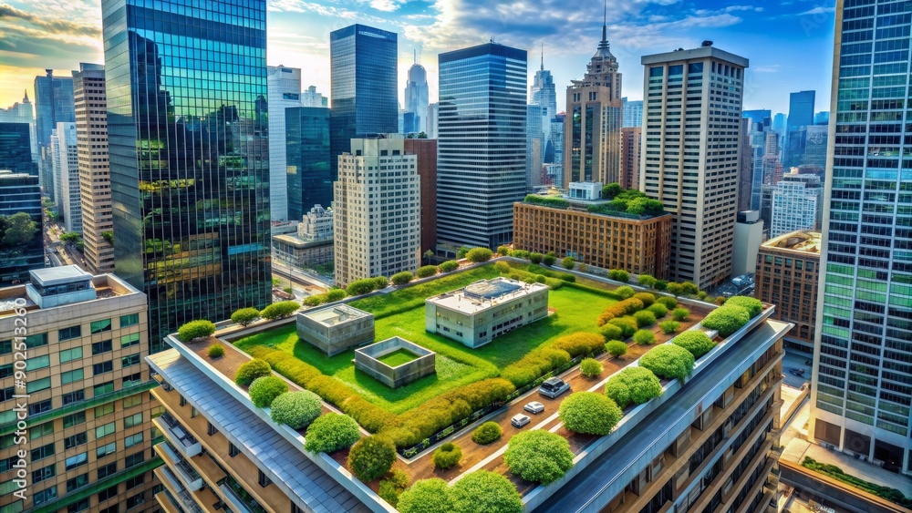 Aerial View of Green Roof in Urban Skyline, cityscape , rooftop ...